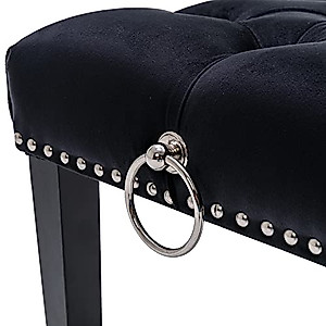 DUOMAY Tufted Ottoman Bench w/Ring Pull, Velvet Dining Bench Entryway Bench Footrest Stool Padded Seat for Living Room Bedroom, Black