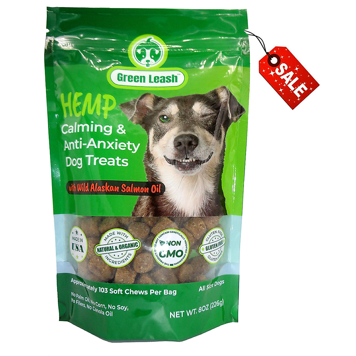 Green Leash~Hemp Oil and Seed Meal Calming Dog Treat, Anxiety Relief Aid with Wild Alaskan Salmon Oil.