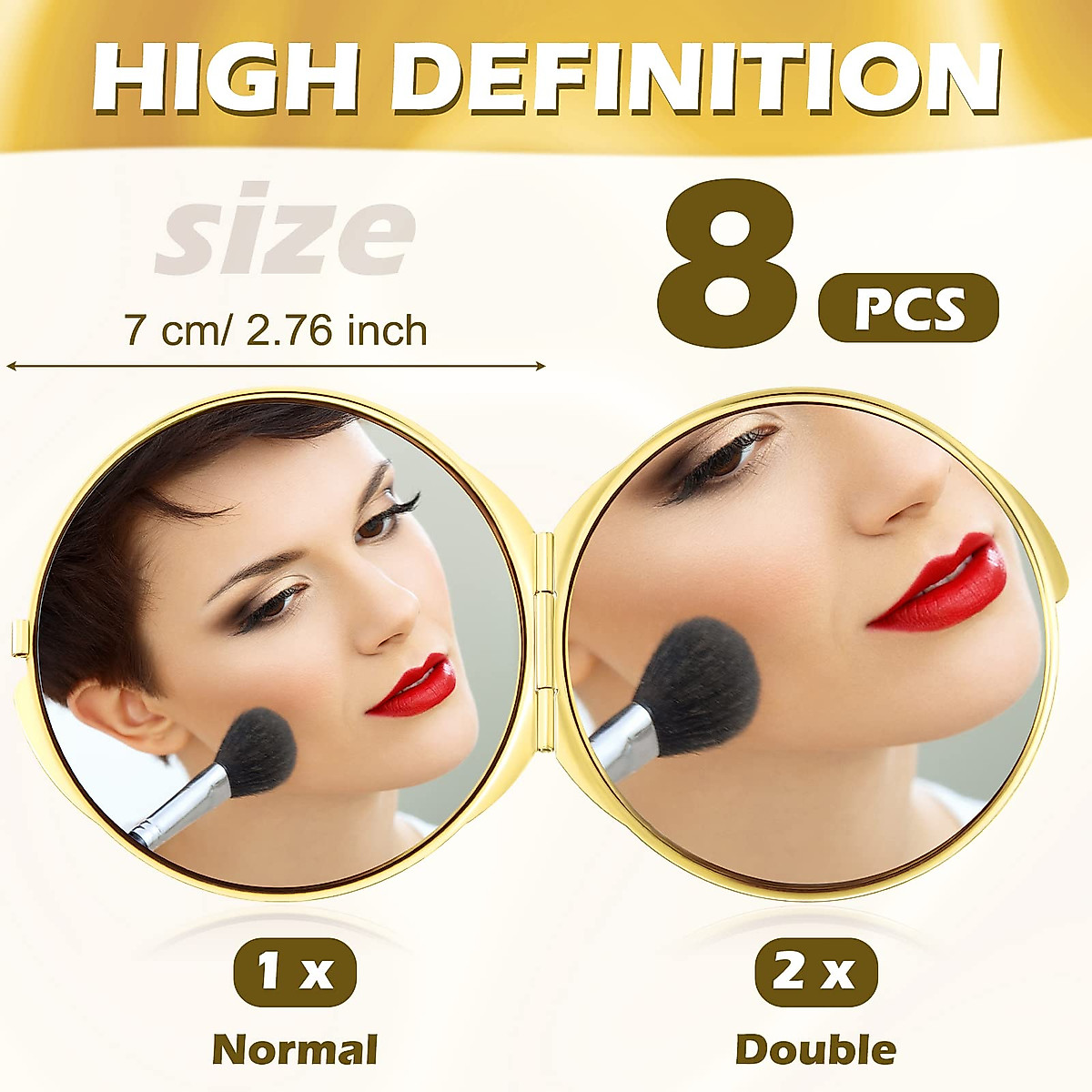 Yalikop 8 Pcs Compact Mirror Bulk with 1X 2X Magnification Double Sided Mini Travel Makeup Mirror Small Portable Pocket Mirror Folding Round Purse Compact Mirrors for Women Bridesmaid Gifts(Gold)