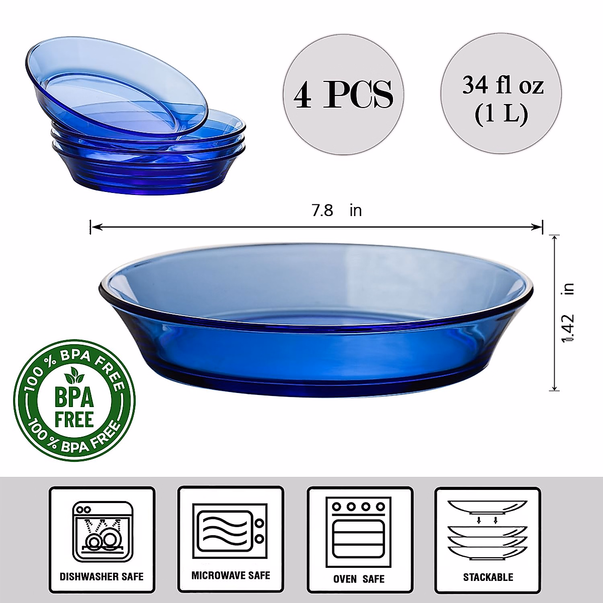 STPGoods Glass Dinner Plates - Set of 4, Blue Cobalt Transparent Glass Eating Plates, Circular Glass Dinnerware for Salad, Bread, Dinner (7.8-Inch Salad Plate Set, Set of 4)