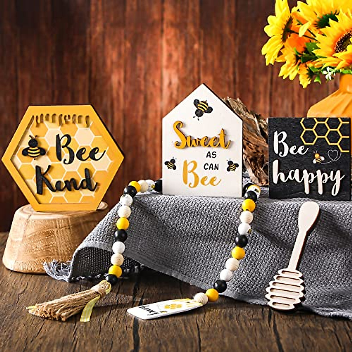 5 Pieces Bee Wooden Tiered Tray Decor Set, Bee Kind Sign Sweet as Can Bee Wood Block Decor Bee Wood Bead Garland 3D Raised Letter Bee Kitchen Decor for Spring Home Farmhouse Rustic Decorations