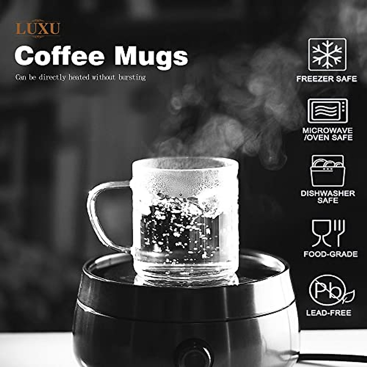 LUXU Glass Coffee Mugs Set of 4,Large Wide Mouth Mocha Hot Beverage Mugs (14oz),Clear Espresso Cups with Handle,Lead-Free Drinking Glassware,Perfect for Latte,Cappuccino,Hot Chocolate,Tea and Juice
