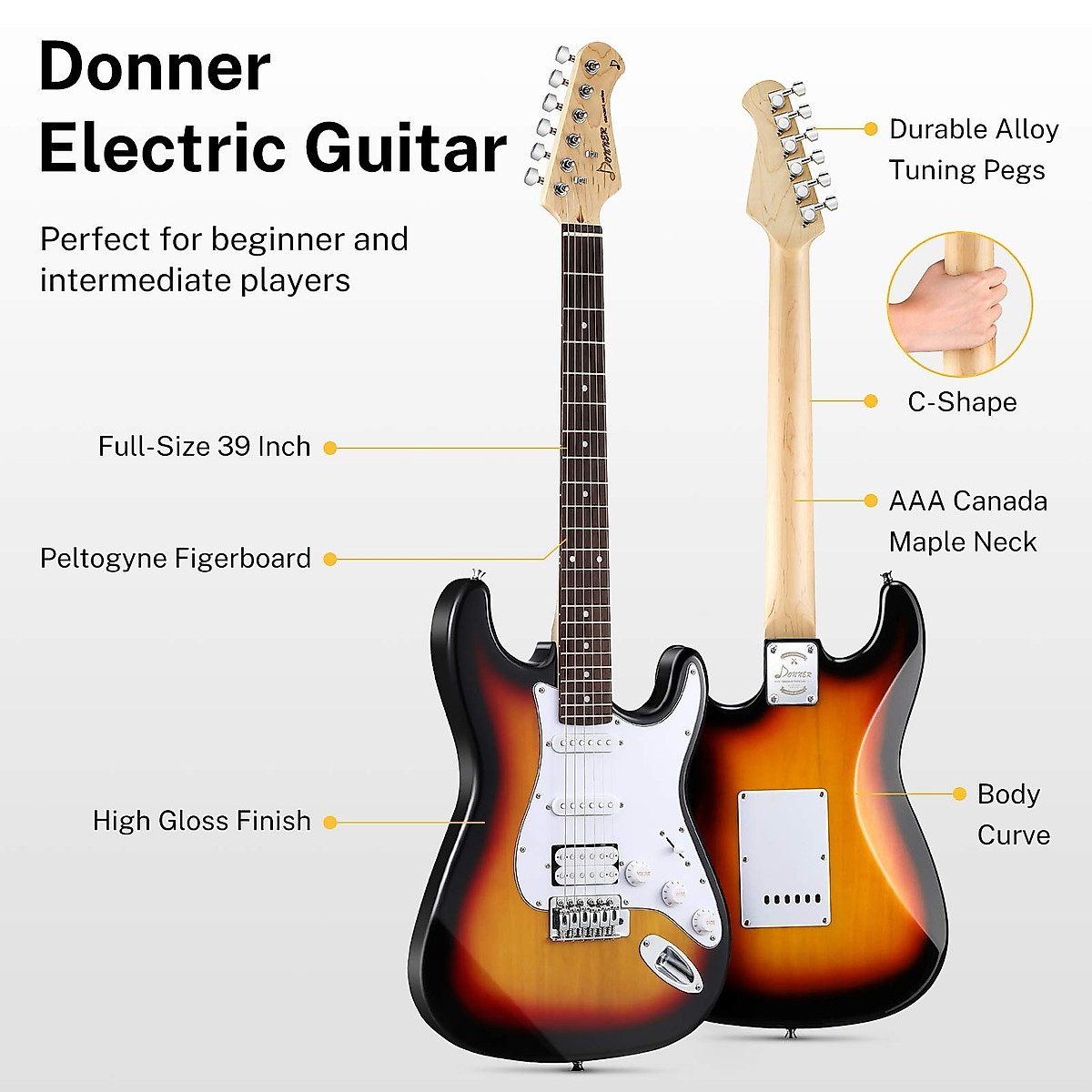 Donner DST-100S 39 Inch Full Size Electric Guitar Kit + Guitar Cable 10 ft