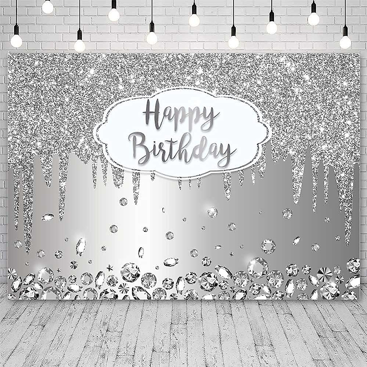 ABLIN 7x5ft Happy Birthday Backdrop Dripping Glitter Crystal Diamond Silver Photo Background Girls Women Bday Party Decorations Cake Table Banner Wall Decor Props
