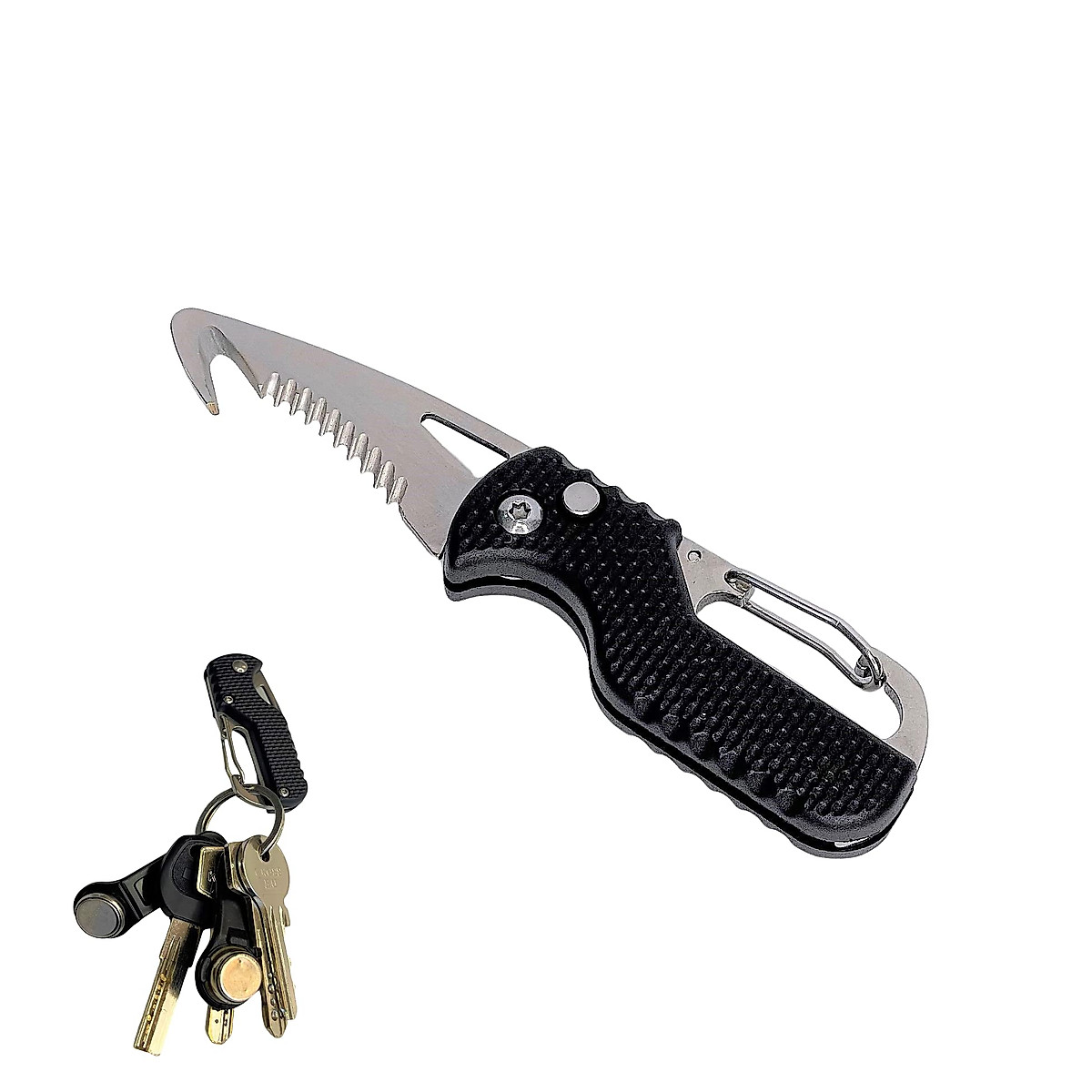 Package opener, Portable Utility Cutter, Small Pocket Box, Seatbelt, Strap Cutter Knife, Razor Sharp Serrated Blade and Paratrooper Hook, Carabiner Keychain, Safe, Survival EDC Folding Tool
