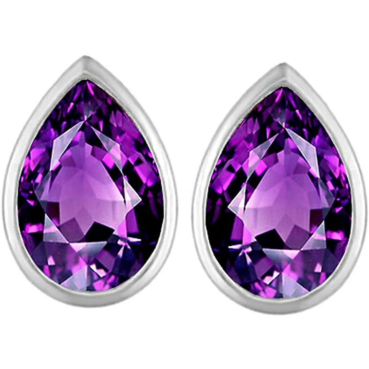 JewelryGift 925 Sterling Silver Natural Amethyst Purple Teardrop Pear Shaped Bezel Set Stud Earrings For Women friction-back Jewelry