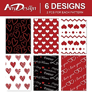 AnyDesign 12 Sheet Valentine's Day Wrapping Paper Red White Black Hearts Wrapping Paper Sweet Love Art Paper for Wedding Anniversary Baby Shower Birthday Gift Packing, 20 x 28 Inch, Folded Flat