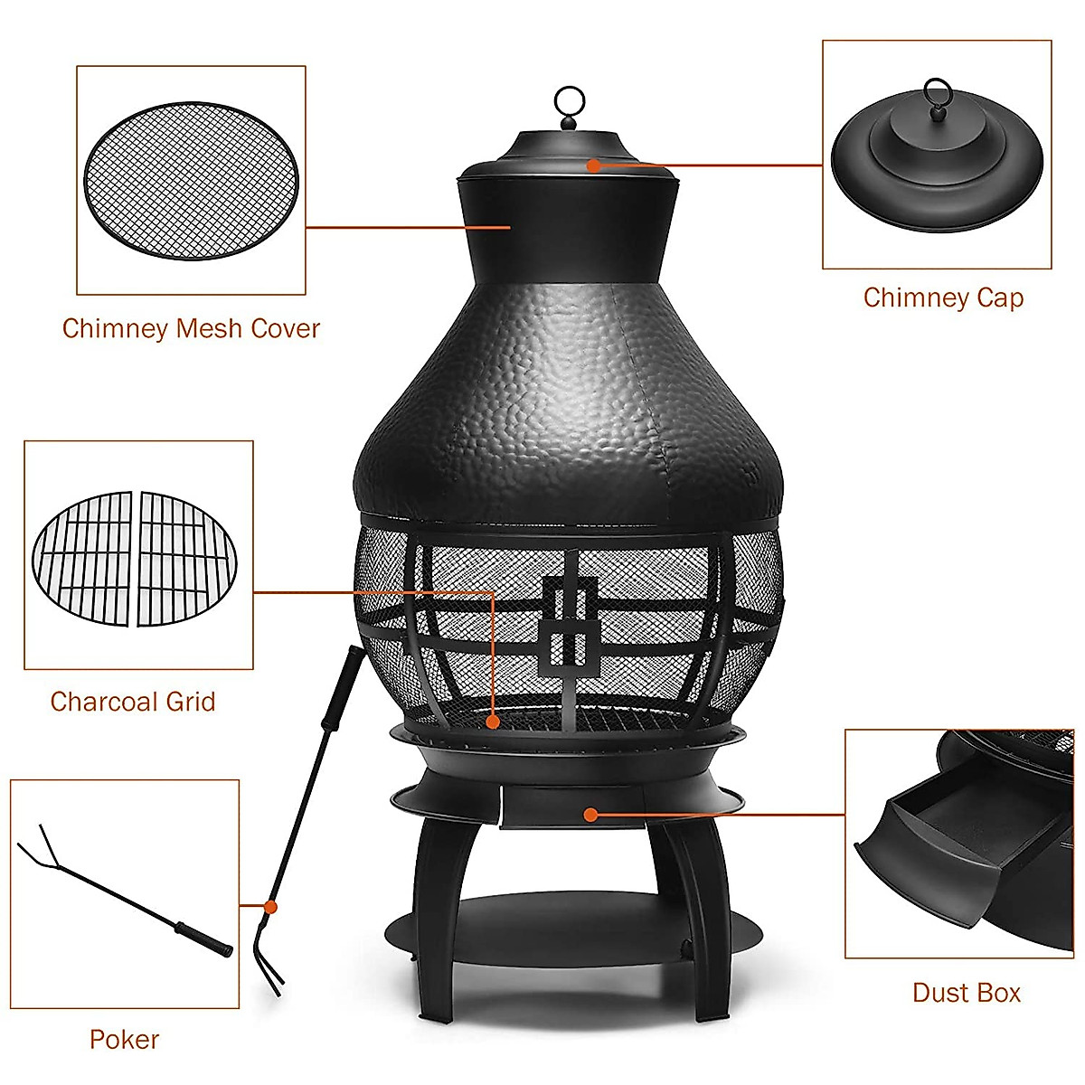 S AFSTAR Outdoor Cast Iron Chimenea, Fireplace Wooden Chiminea Fire Pit w/Fire Poker, 360°Fire Retardant Mesh Cover, Patio Wood Burning Chiminea