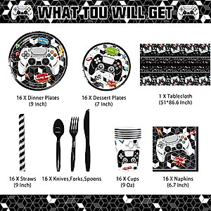 Gamer Birthday Party Decoration - 275Pcs Black White Video Game Gaming Party Supplies For Boys Birthday Party - Table Cover, Plates, Cups, Napkins, Utensils, Hanging Swirls, Birthday Banner, Cupcake Topper, Cake Topper, Stickers, Bracelets & Balloons Serv