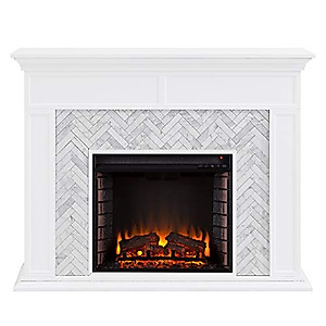 SEI Furniture Torlington Tiled Electric Fireplace, White, Gray Marble, 15" D x 50" W x 39" H