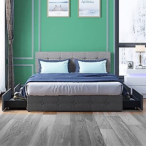 Mixoy Upholstered Platform Bed Frame with 4 Storage Drawers,Cal King Bed Frame with Square Button Tufted Adjustable Headboard, Wood Slat Support,No Box Spring Needed,No Mattress (Cal King,Dark Grey)