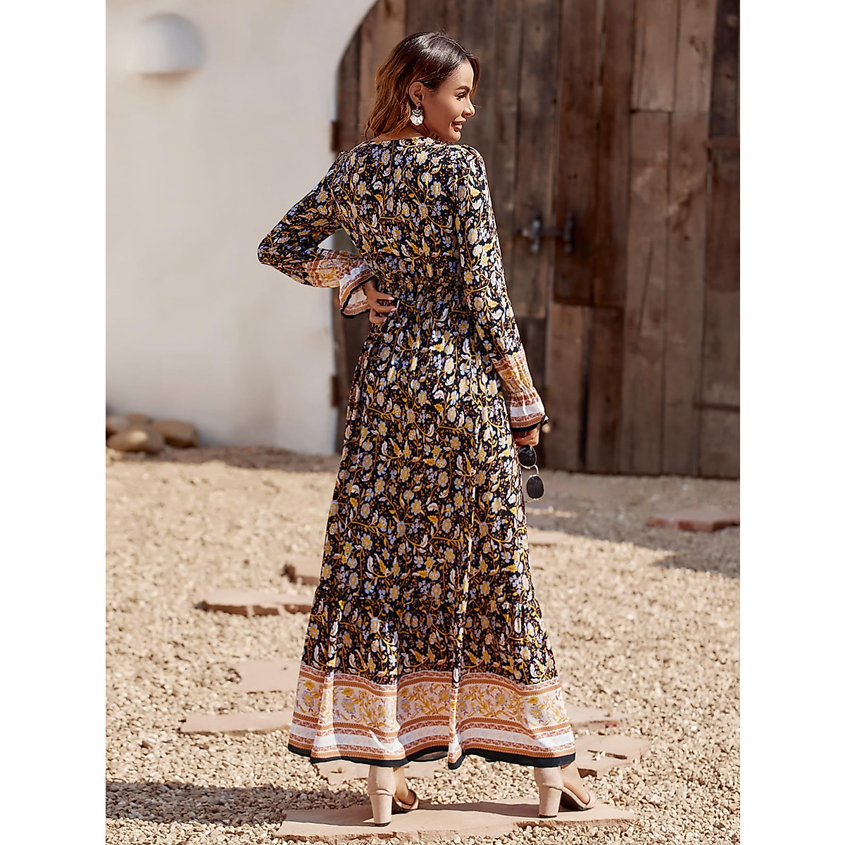 PRETTYGARDEN Maxi Long Sleeve Dress - V Neck Floral Casual Chiffon Spring Fall Long Dresses for Women (Black Yellow,Large)