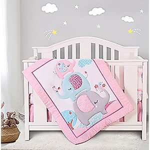 Honkaii Elephant Crib Bedding Set 4Pcs for Girls with Comforter Fitted Sheet Crib Skirt Diaper Stacker, Machine Washable, Suitable for 28 x 52 Inch Cribs, Lovely Nursery Crib Sets for Baby(Pink)