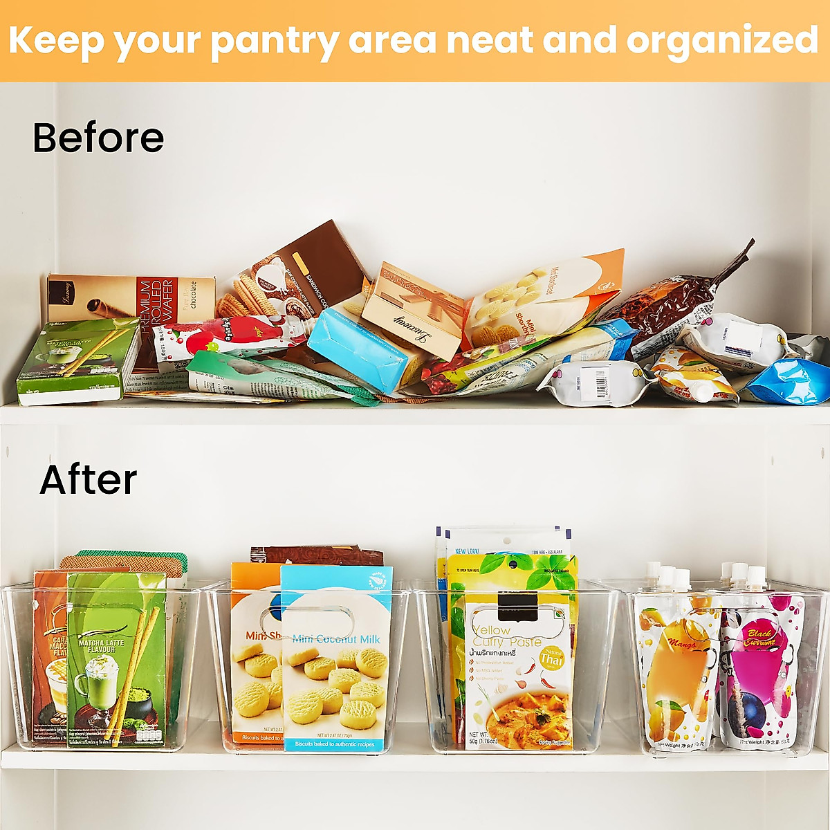 YIHONG Clear Plastic Storage Bins, 4 Pack Pantry Organizer Bins with Handle for Kitchen, Freezer,Cabinet,Closet Organization and Storage