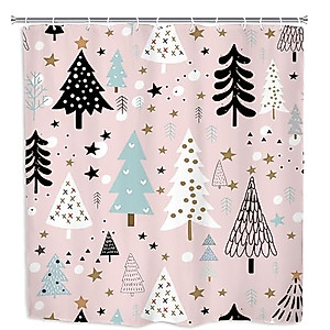 Yookeb Christmas Tree Cute Girls Bathroom Shower Curtain 60W by 71H Inch Pink Girls Xmas Pine Winter Seasonal Abstract Star Accessory Polyester Fabric 12 Plastic Hooks Waterproof Decor