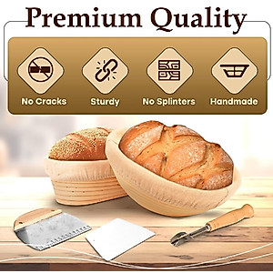 Banneton Bread Proofing Basket Set of 2-9 inch Round & 10 inch Oval Sourdough Basket, Sourdough Bread Kit with Bread Lame, Dough Scraper, Dough Whisk and Linen Liners, Bread Making Tools and Supplies