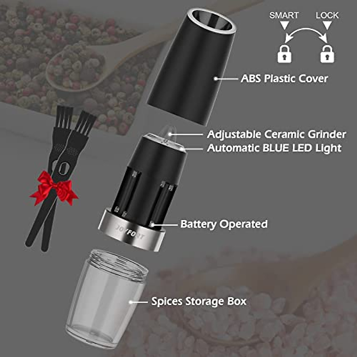Gravity Electric Salt and Pepper Grinder Set, Joyfort Automatic Pepper Mill Grinder Battery Powered with Adjustable Coarseness, Stainless Steel,Blue LED Light, Support One Hand Use, Black-2 Pack