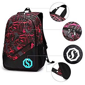 CAMTOP School Backpack Boys Kids School Bookbag Set Student Backpack with Lunch Box and Pencil Case (Graffiti - Red)