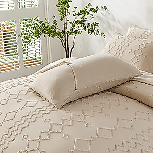 Khaki Tufted Comforter Set Queen with Sheets,7 Pieces Bed in a Bag Boho Comforter Shabby Chic Geometry Embroidery Bedding Set Soft Microfiber Farmhouse Comforter (Queen 90×90 inches)