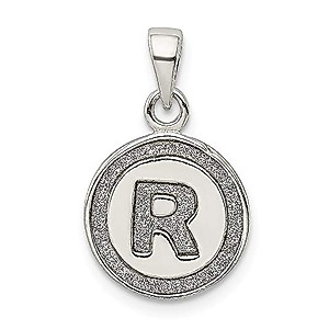 Solid 925 Sterling Silver Glitter Enamel Letter R Circle Pendant Charm - 22mm x 13mm
