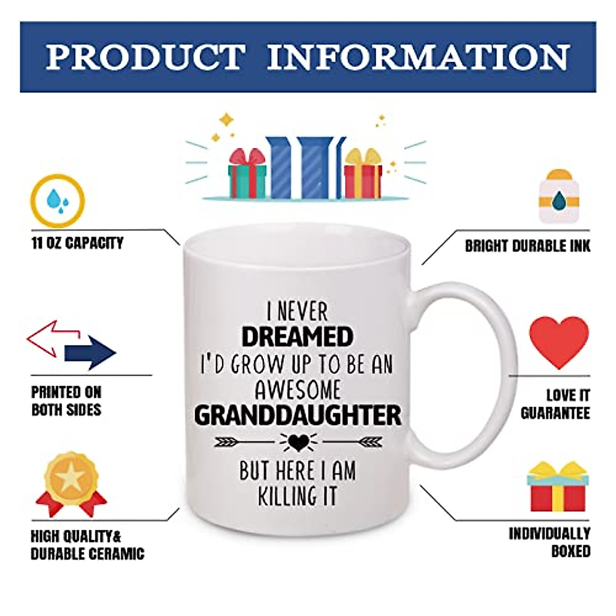 Granddaughter Mug 11OZ, I Never Dreamed I'd Grow Up To Be AN AWESOME granddaughter But Here I Am Killing It! Funny Cool Mugs, Cool Coffee Mug Gift for family and friends, Christmas, Thanksgiving