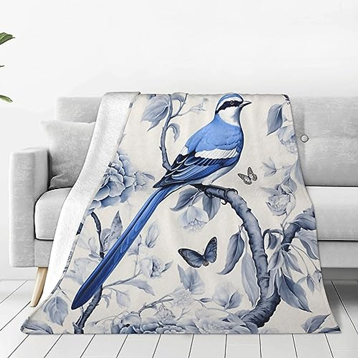 sunzoneflo Floral Bird Throw Blanket Blue Flower and Blue Bird Pattern Printed Throw Blanket for All Season Birthday, for Couch Bed,Chair,Sofa,Room,Home Decor (50 * 60 Inches) Blanket B1488