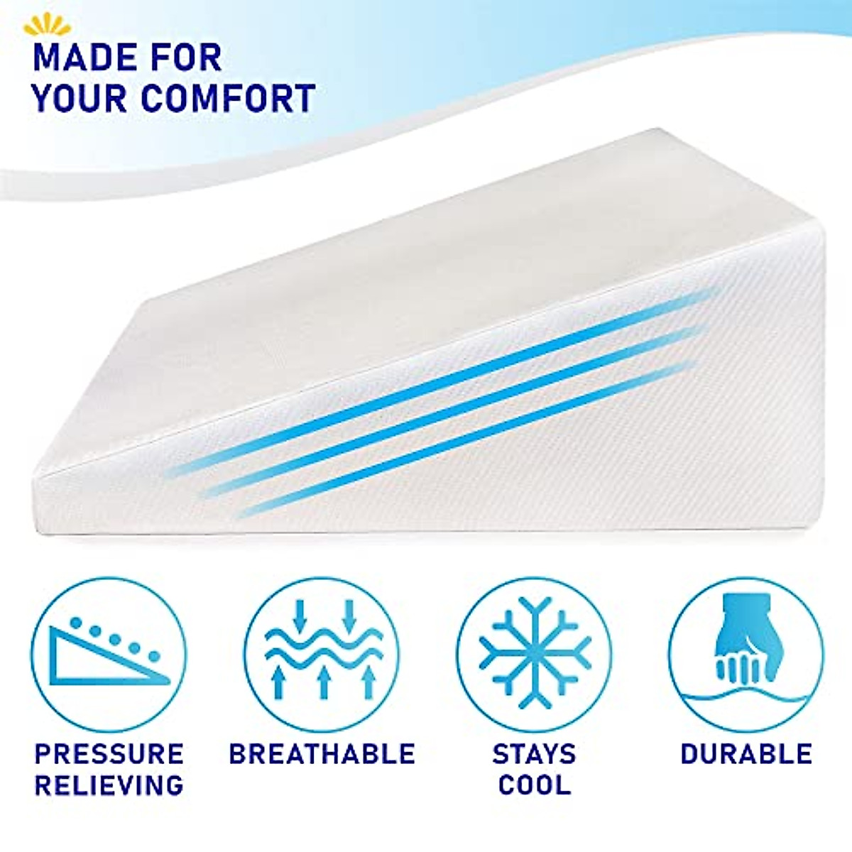 Bed Wedge Pillow Cooling Memory Foam Top – 10" 24" 24" Elevated Support Cushion, Triangle Wedge Pillow for Sleeping, Lower Back Pain, Acid Reflux, Heartburn, Allergies, Snoring – Removable Cover