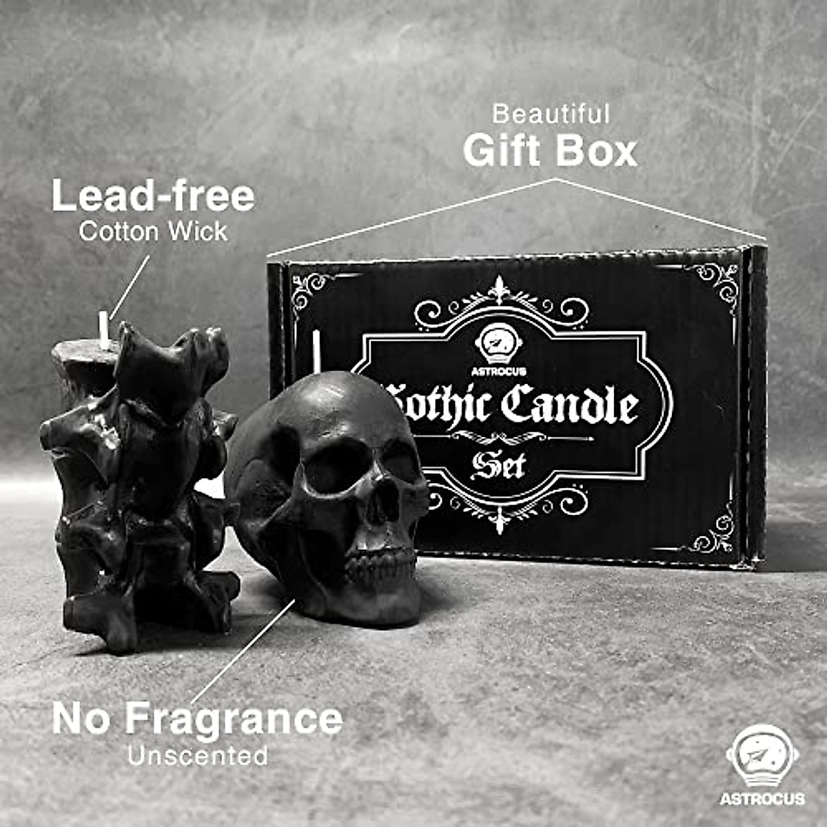 ASTROCUS Gothic Candle Set - Black Skull Candle - Spine Candle - Gothic Halloween Decor Interior - Black Gothic Candle - Horror Decor - Spooky Bathroom Decor - Black Candle