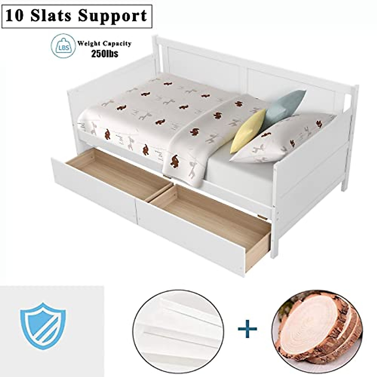 HOUAGI Daybed with 2 Storage Drawers,Twin Size Sofa Bed for Bedroom Living Room,White