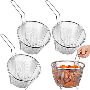 Nuanchu 4 Pieces Deep Fry Basket 7.1 Inch Round Wire Fry Basket Stainless Steel Fryer Basket with Long Handle Frying Fryer Strainer for Pot French Fries Turkey Chicken Kitchen Cooking Tools