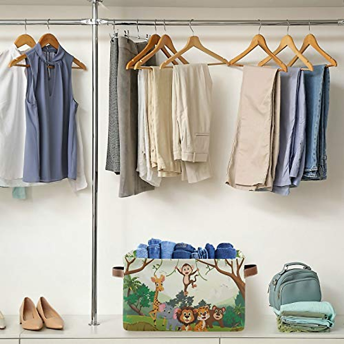 ALAZA Decorative Basket Rectangular Storage Bin, Animal Jungle Monkey Tiger Giraffe Lion Elephant Organizer Basket with Leather Handles for Home Office