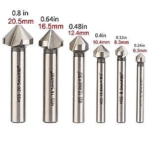Dtacke 6PC 90 Degree 3 Flute Chamfering End Mill Cutter Drill Bit HSS Chamfer Countersink Bits Set