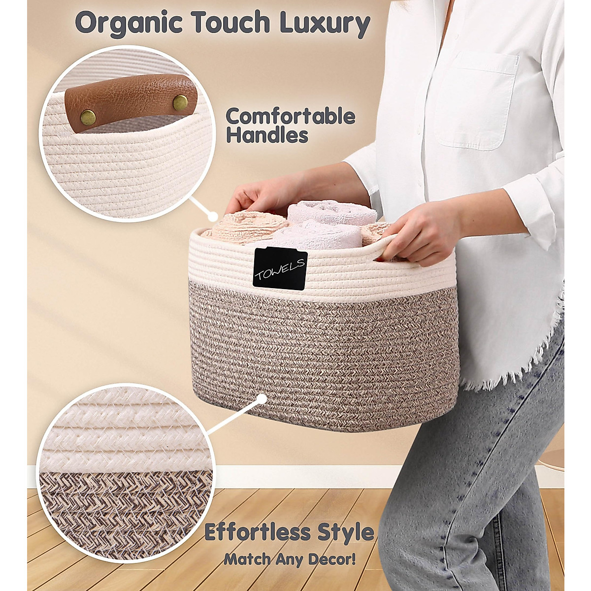 Cotton Rope Baskets for Organizing – Storage Baskets for Shelves | 15"x10"x9" | Rope Basket for Storage, Small Laundry Baskets, Woven Baskets for Storage, Dog Toy Bin, Baby Basket, Creamy White &Brown