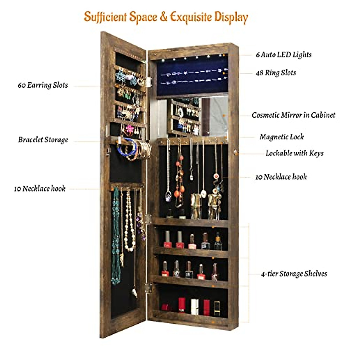 Ntufrest Jewelry Organizer with Led Mirror, 6 LEDs Mirror Jewelry Cabinet,Wall/Door Mounted Jewelry Armoires for Women, Full Length Mirror with Jewelry Storage，Magnetic Lock