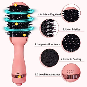 Huyerdo 4 in 1 Hair Dryer Brush, Pink Hot Air Brush Blow Dryer Brush in One, with Titanium Barrel, Hair Styler for Smooth, Negative Ion Anti-Frizz Blowout Hair Dryer Brush for Women