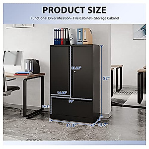 Anxxsu Lateral File Cabinet with Lock, Metal Storage Cabinet with Drawers, 52" Filing Cabinets for Home Office, Lockable Steel File Cabinet for Letter/Legal/A4 Size, Assembly Required, Black