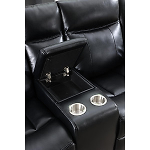 Power Loveseat Recliner Couch with console, Faux Leather Reclining Dual Recliners with LED Lights, Comfort Stretch Love Seat Recliner Sofa, Movie RV Theater Seating Chairs for Living Room, Home, Black