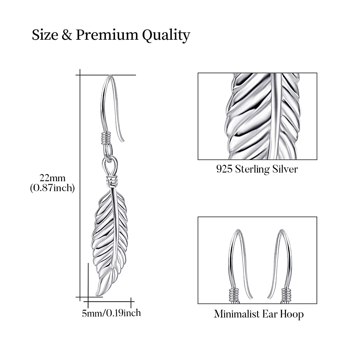 Feather Earrings 925 Sterling Silver Feather Dangle Earrings Hypoallergenic Earrings for Mens and Womens