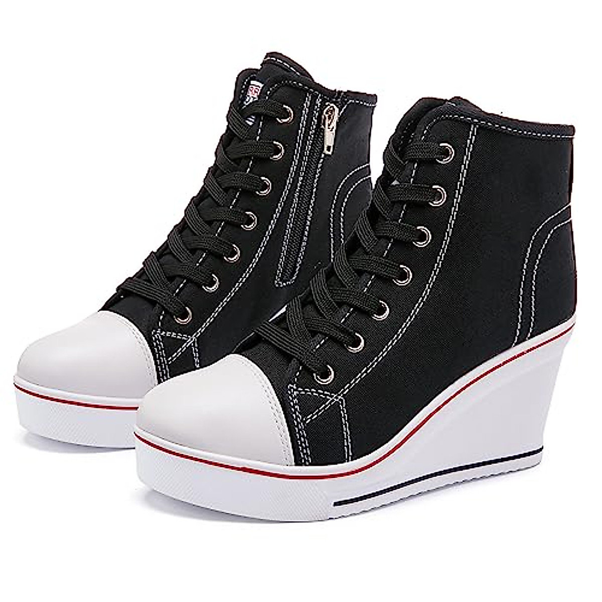 Hurriman Wedge Sneakers for Women, High Heel Platform High Top Canvas Shoes Lace up Zipper Fashion Sneakers, Tenis Zapatos de Cuña Plataforma Tacón para Mujer, Suitbale for Y2K & Harley Quinn Cosplay