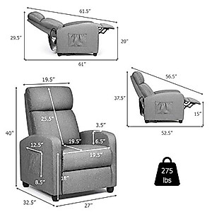 Giantex Recliner Chair, Massage Wingback Single Sofa w/Side Pocket, Fabric Recliner Sofa for Living Room, Modern Padded Seat Reclining Chair, Home Theater Seating Office for Adults (Grey)