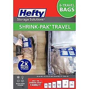 Hefty Shrink-Pak Large Travel Bags - Airtight Storage Bags for Maximum Space Saving, Travel Essentials, Ideal for Travel and Packing, Durable, Reliable Compression Bags with Sealed Protection