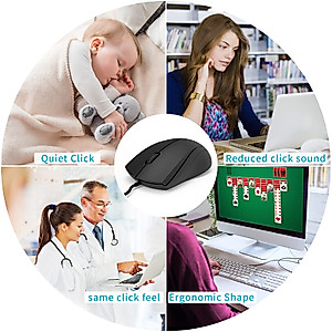 Rapoo Silent Wired Mouse, 1000 DPI 5ft Cord Quiet Button Optical Computer Mouse, Left Right Hand Use, for Laptop Chromebook Mac Notebook, Matte Black