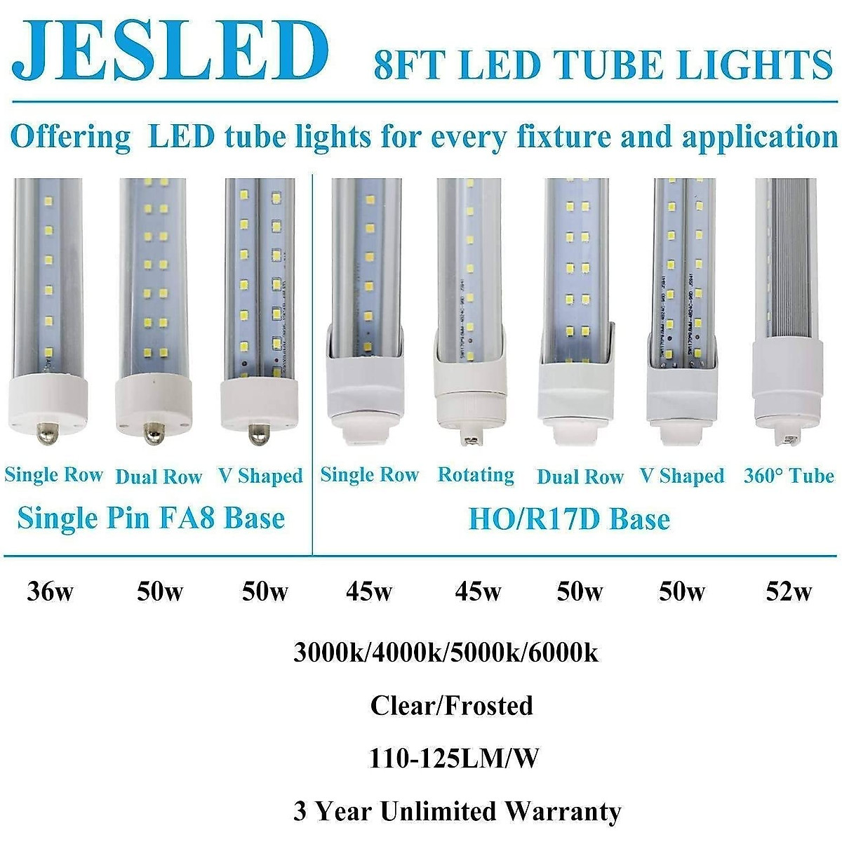 JESLED R17D/HO 8FT LED Bulbs - (12 Pack) Rotate V Shape, 5000K Daylight 72W, 7200LM, 110W Equivalent F96T12/DW/HO, Clear Cover, T8/T10/T12 Replacement, Dual-End Powered, Ballast Bypass