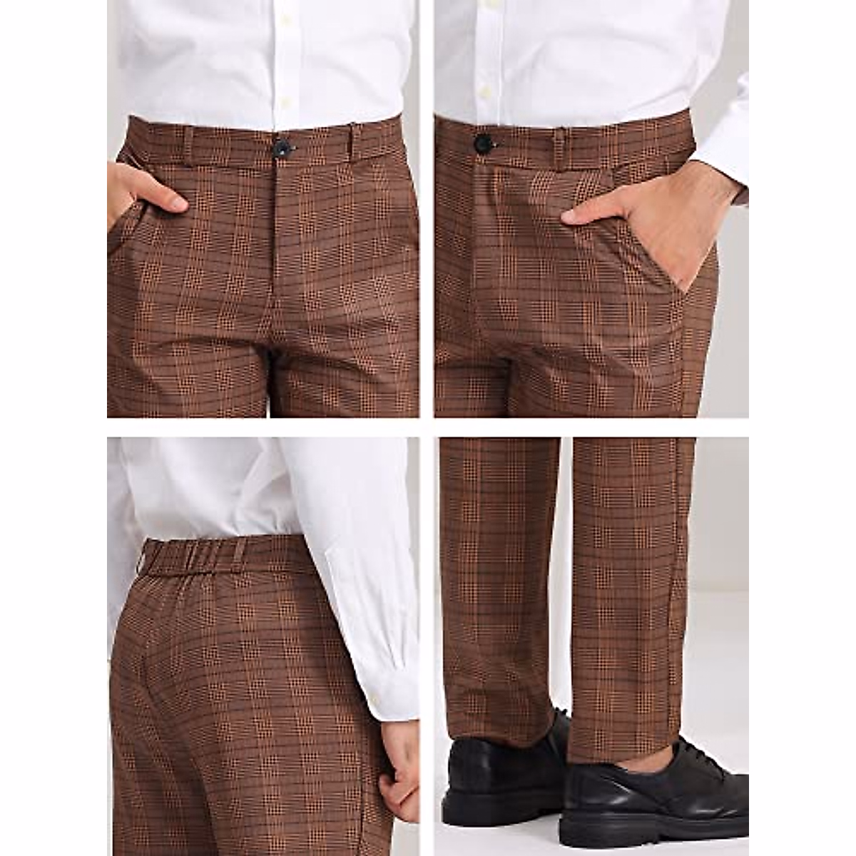 Lars Amadeus Men's Brown Plaid Dress Pants Straight Leg Flat Front Business Formal Checked Trousers 36