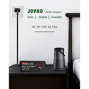 JOVNO Universal Power Supply 3V-24V 3A 72W Adjustable AC/DC Adapter 100~240V AC to DC 5V 9V 12V 15V 19V 20V with LED Display 14 Plugs 1 Reverse Polarity Converter Cable for LED Strips Motors Speaks