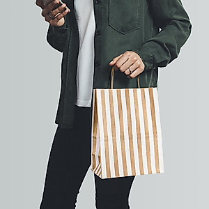 GSSUSA 8x4.75x10 50 Pcs Kraft Paper Bags Shopping Bags Grocery Mechandise Paper Gift Bags (Brown with White Strip)