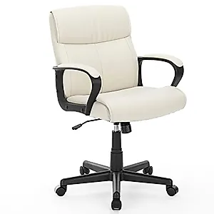 OLIXIS Mid-Back Office Chair with Armrests, Adjustable Height, 360-Degree Swivel Lumbar Support, PU Leather, Cream