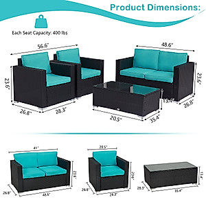 Kinsunny 4 Piece Outdoor Conversation Set Patio Sectional Sofa PE Wicker Furniture Sets with Glass Coffee Table and Cushions for Porch Lawn