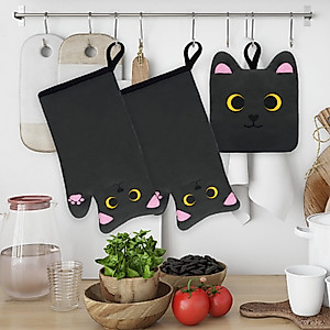 NIGOWAYS Oven Mitts,Cute Cat Design Cooking Glove,Quilted Cotton Lining,Heat Resistant Oven Mitts and Pot Holders Sets for Baking,Microwave,Cute Oven Mitts Gift for Mom,Housewarming(Black)