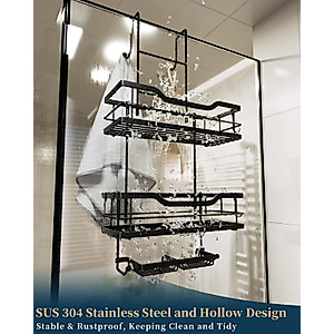 Consumest 3-Tier Hanging Shower Caddy Over the Door, Large Capacity Hanging Shower Organizer With 2 Soap Holder & 8 Hooks Rustproof Easy Installation Over Door Shower Shelf for Bathroom, Black